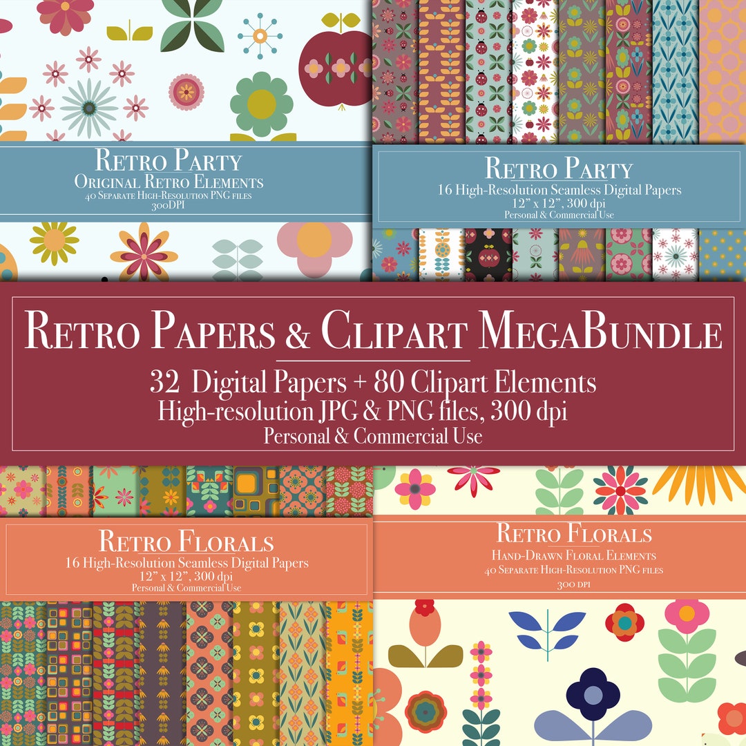Boho Retro Clipart & Digital Papers Mega Bundle, Seamless Patterns ...