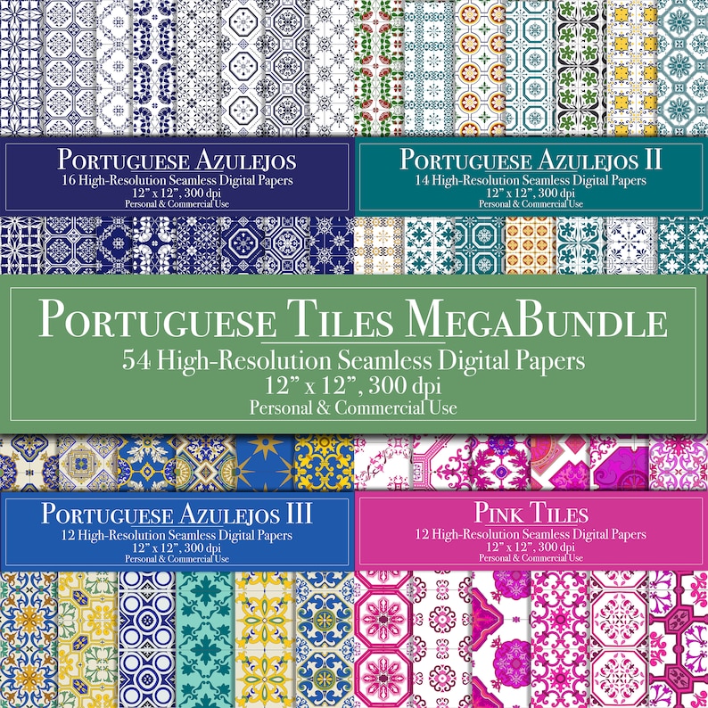 Portuguese Tiles Digital Paper Megabundle Seamless Pattern Scrapbook ...