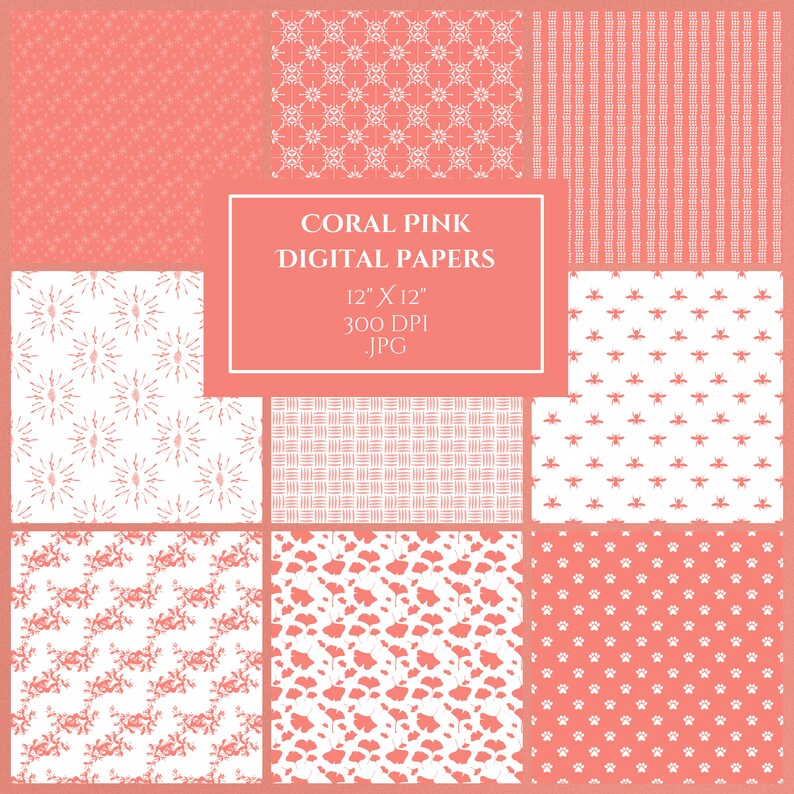 Coral Pink Digital Paper Bundle, Seamless, Scrapbook Paper, Commercial ...
