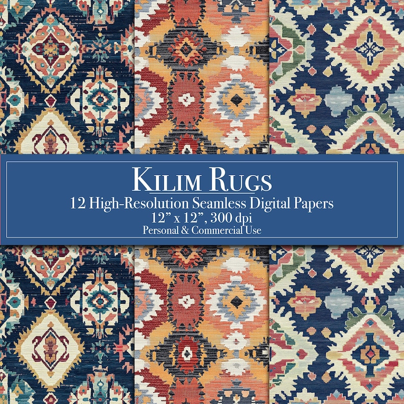 Kilim Rug Digital Papers, Seamless Oriental Carpet Scrapbook Paper ...
