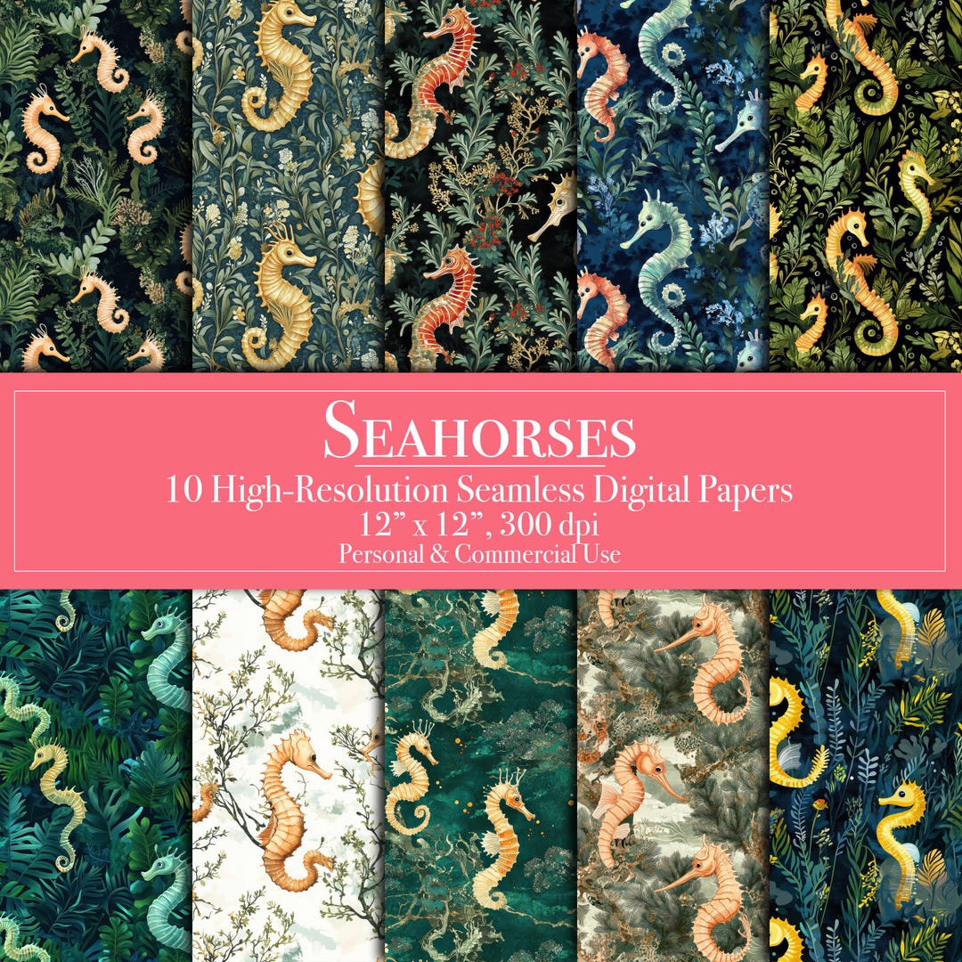 Seahorses Digital Paper, Seamless Pattern, Marine Scrapbook Paper ...