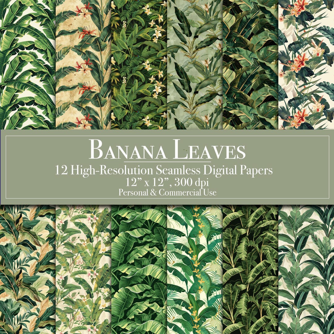 Banana Leaves Digital Paper, Tropical Seamless Digital Scrapbook Paper ...