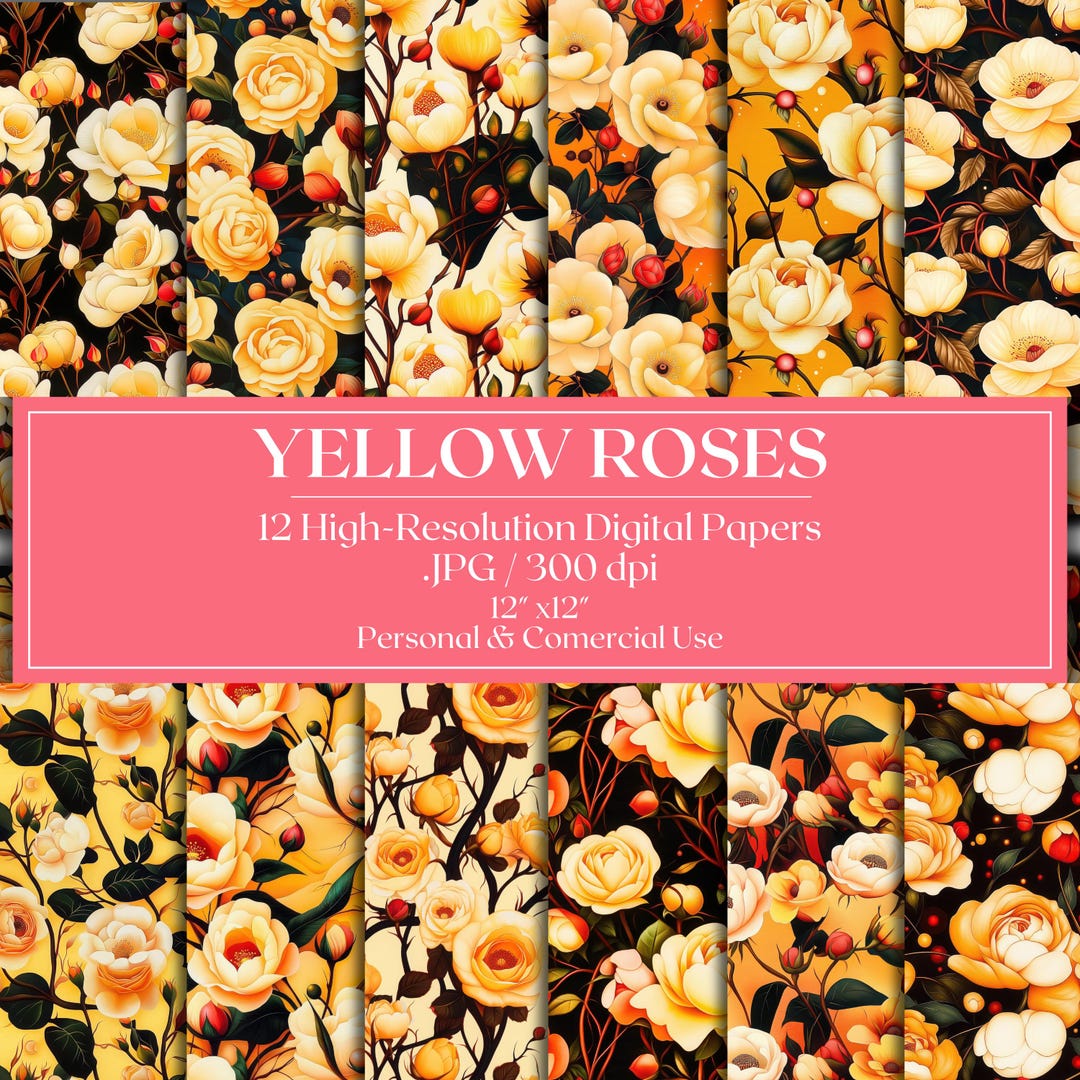 Yellow Roses Digital Papers, Rosebud Seamless Patterns, Yellow Floral ...