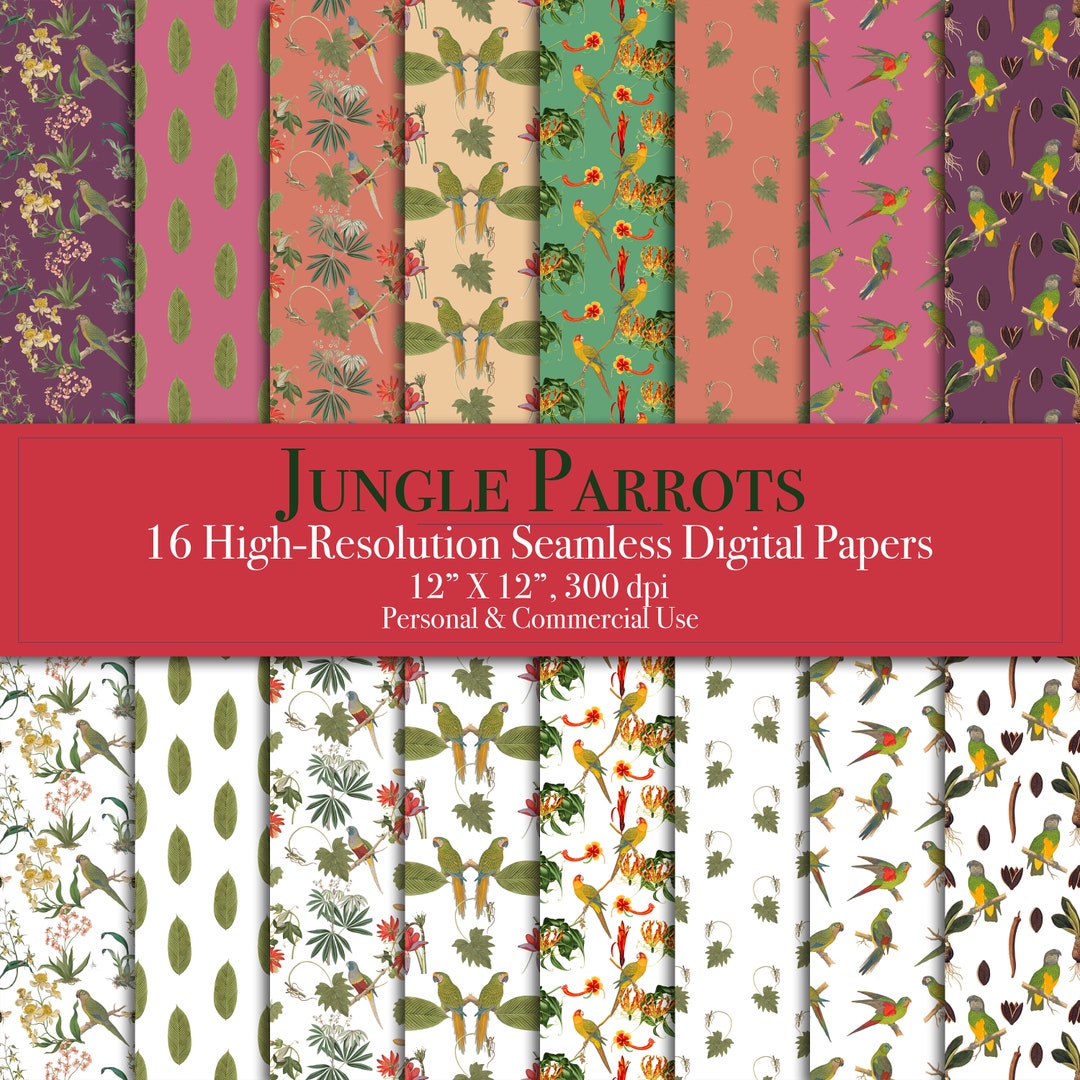 Jungle Parrots Digital Paper Bundle, Seamless Pattern, Scrapbook Paper ...