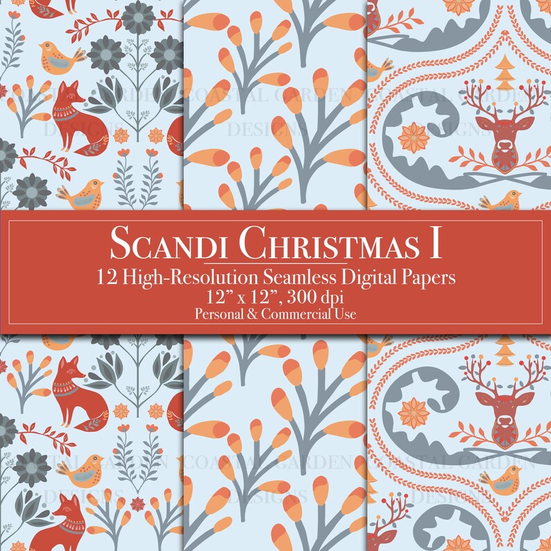 Scandi Folk Art Christmas Digital Paper, Seamless Digital Scrapbook ...