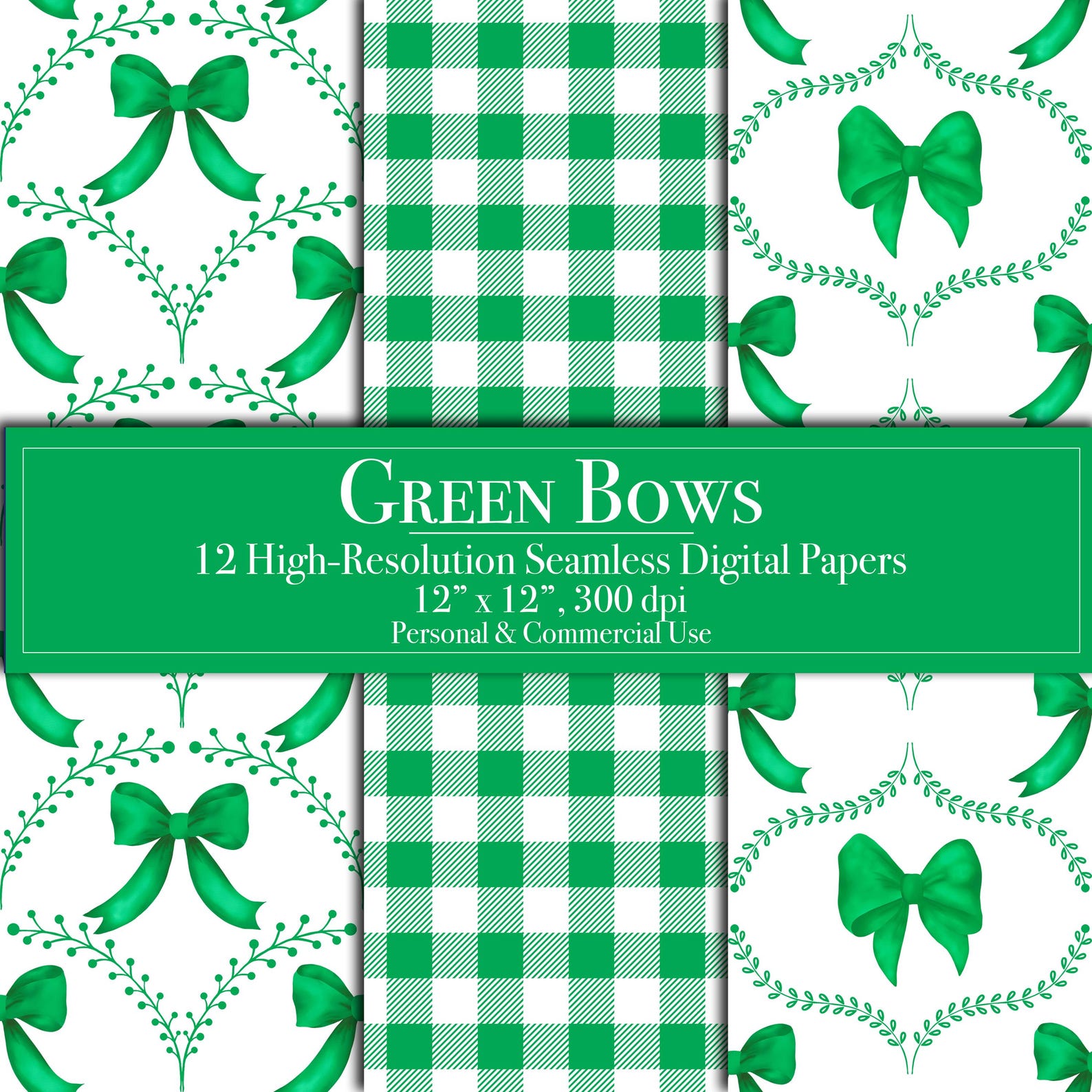 Green Bows Digital Papers & Clipart Bundle, Ribbon Seamless Scrapbook ...