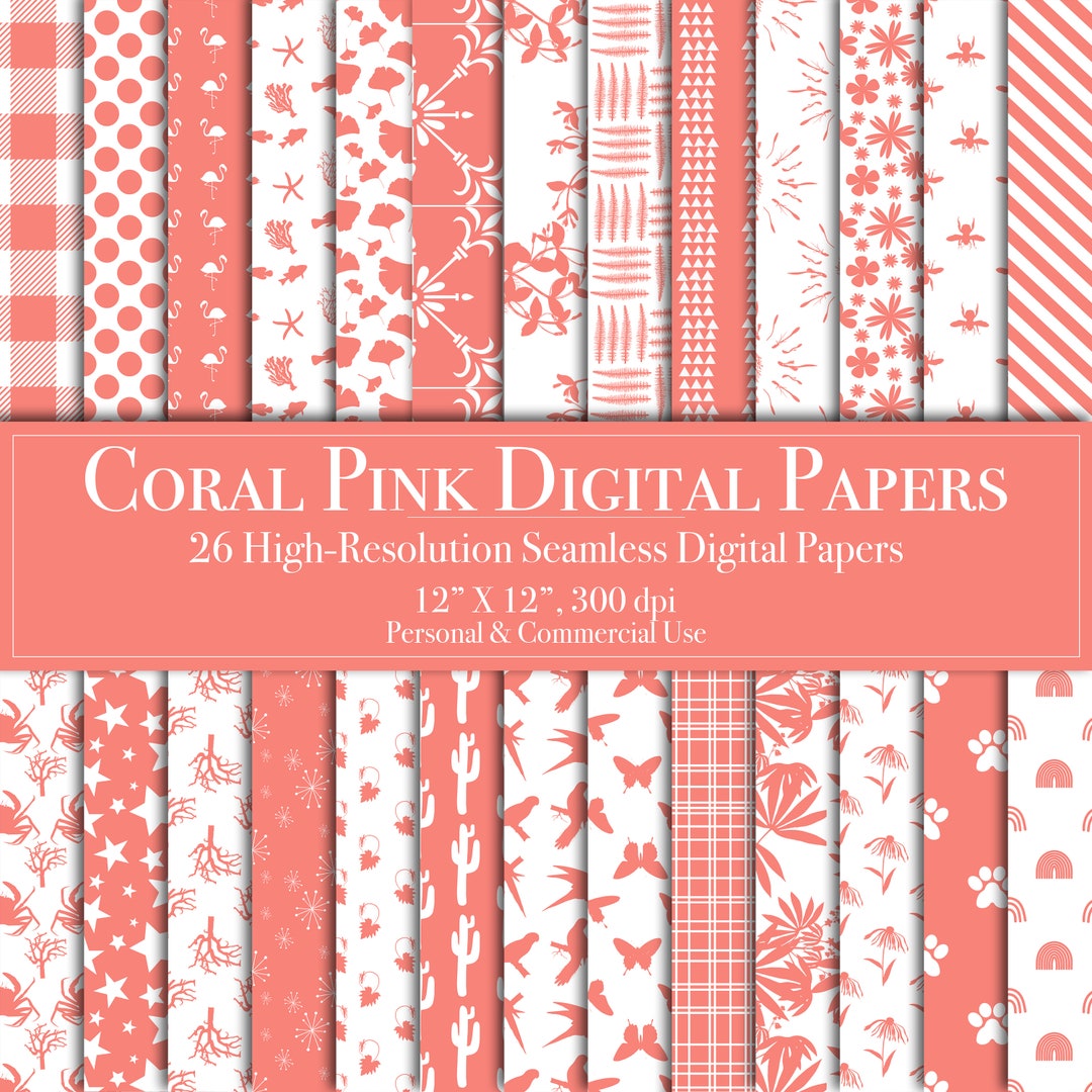 Coral Pink Digital Paper Bundle, Seamless, Scrapbook Paper, Commercial ...