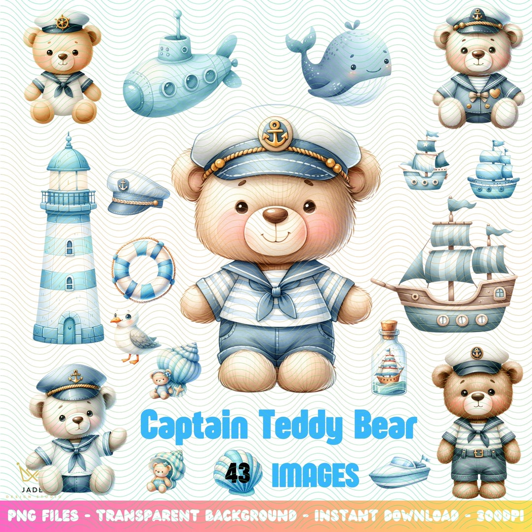 Little Captain Teddy Bear Watercolor Clipart Nursery Decor - Etsy