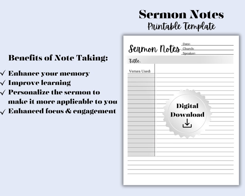 Sermon Notes Digital, Digital Download, Church Sermon Notes, Note ...