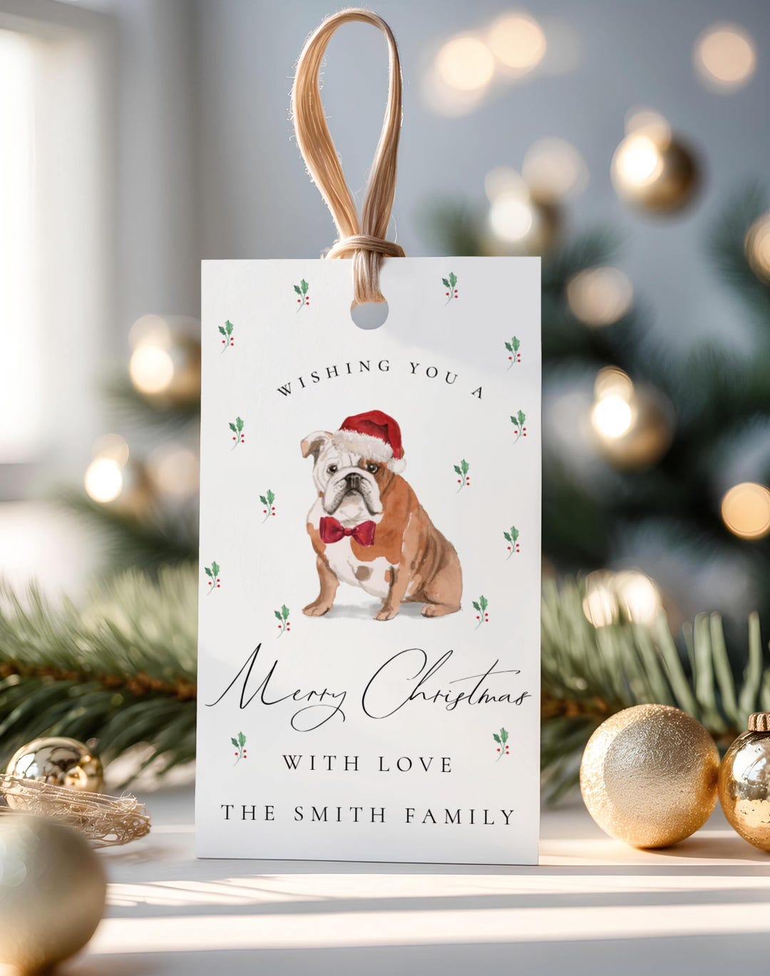 English Bulldog Christmas Gift Tag Template, Watercolor Dog Xmas Favor ...