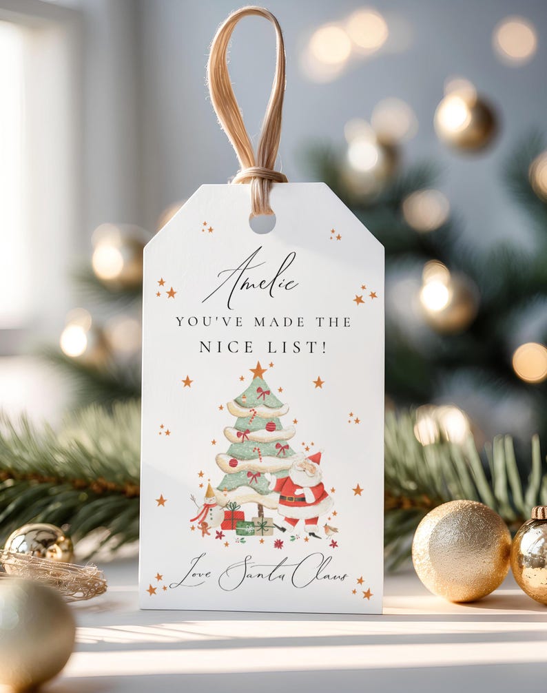 Editable Watercolor Santa Nice List Gift Tag Template | Printable ...