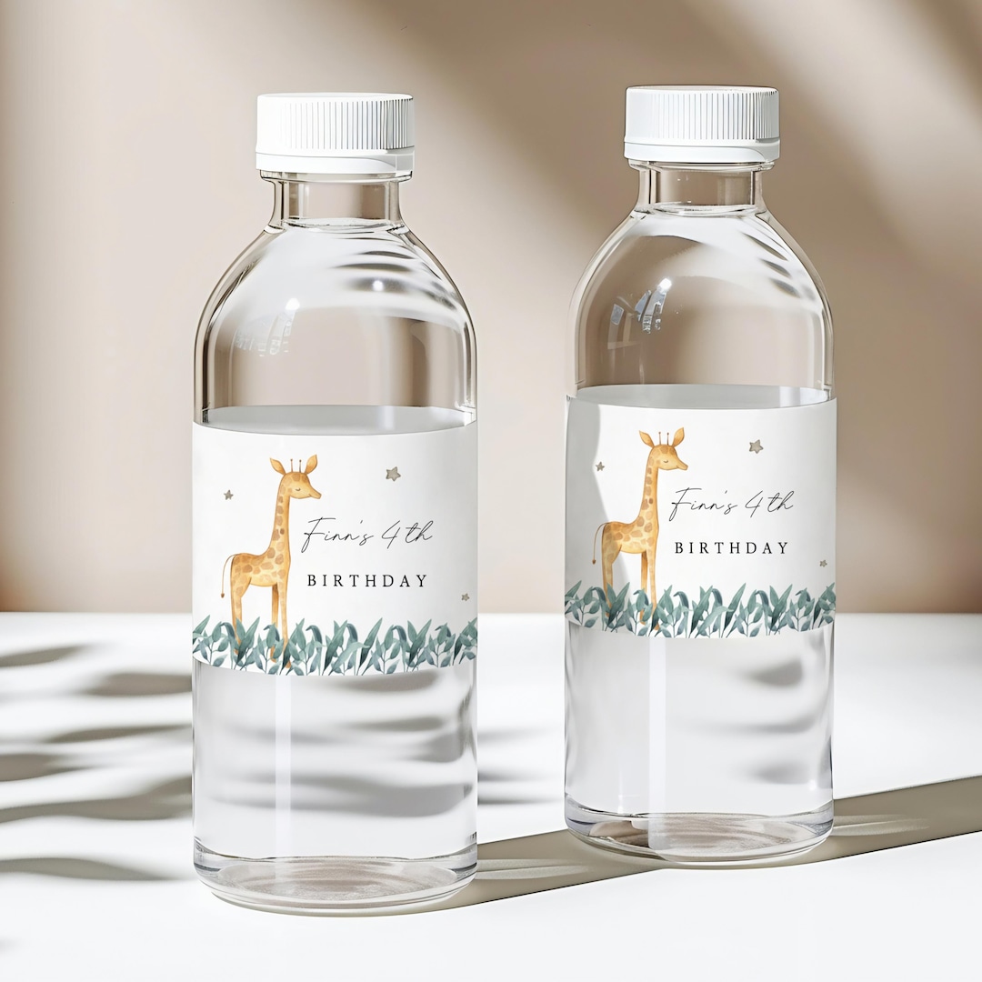 Giraffe Birthday Water Bottle Labels Template: Editable Wild Animal ...