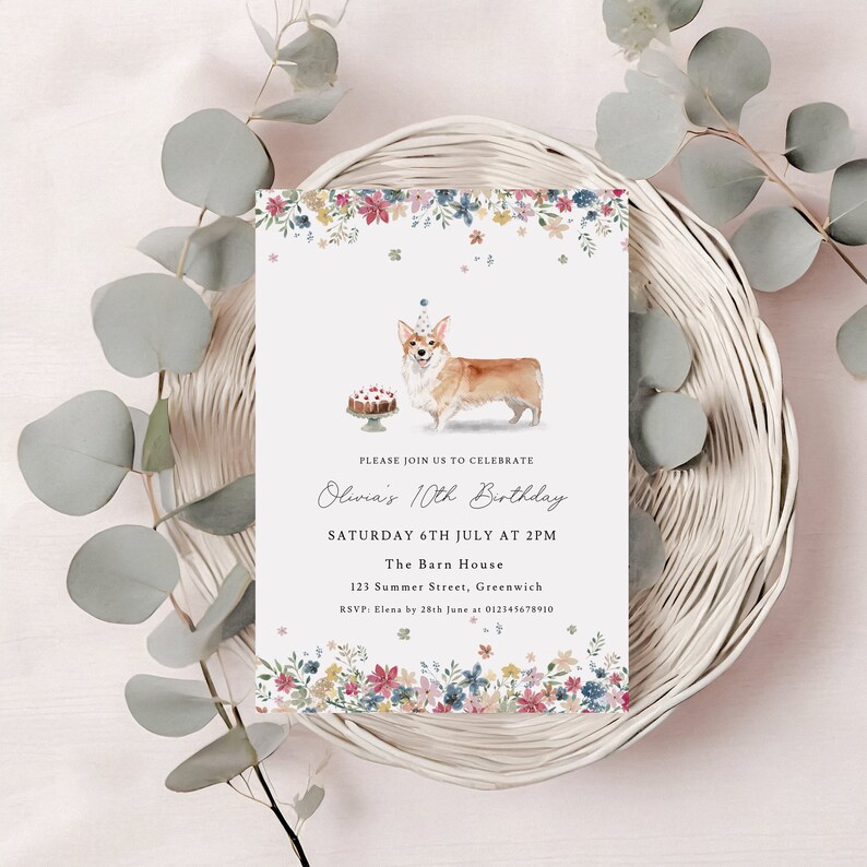 Beautiful Watercolour Corgi Birthday Party Invitation Template. Pink ...