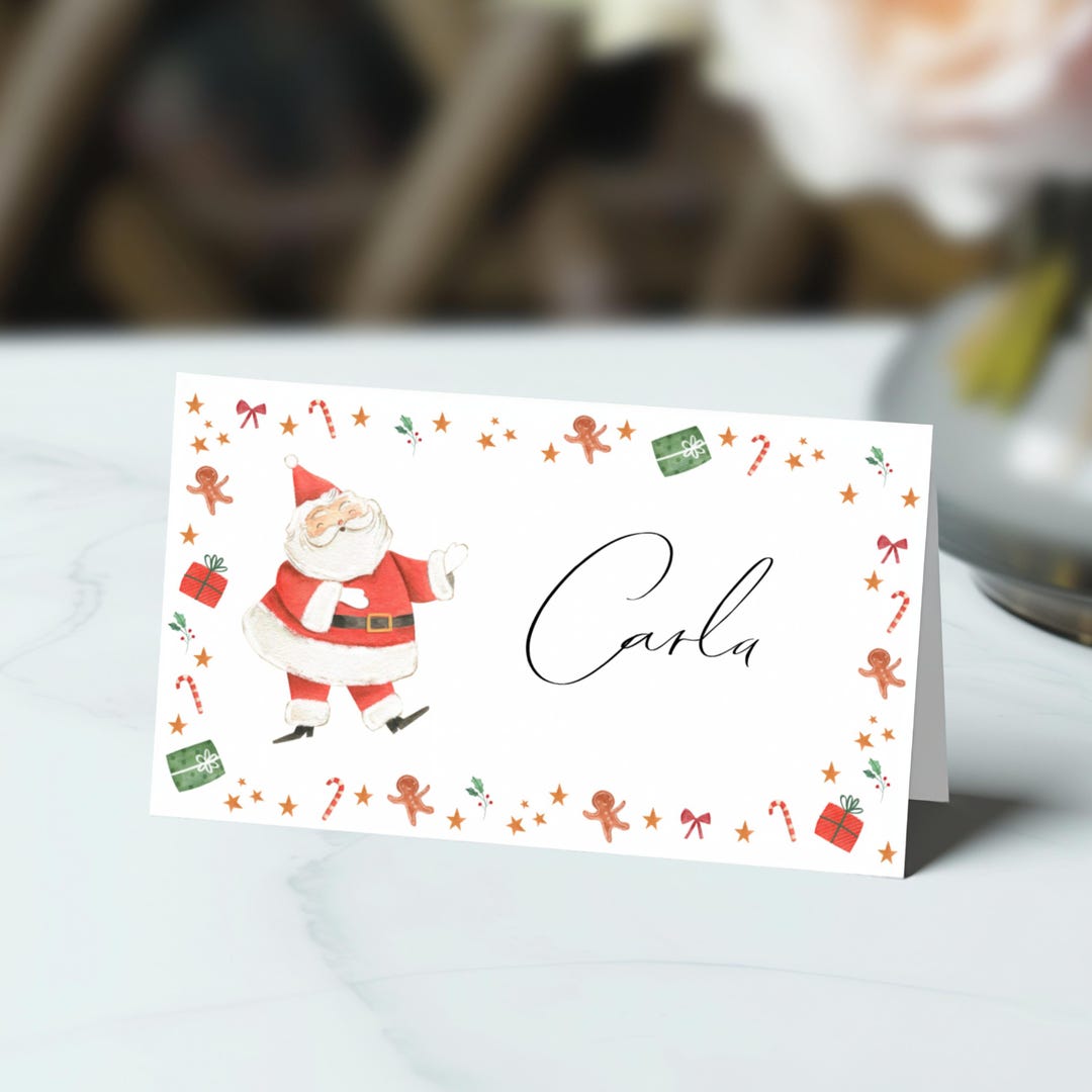 Kids Christmas Party Place Card Template, Santa Xmas Holiday Seating ...