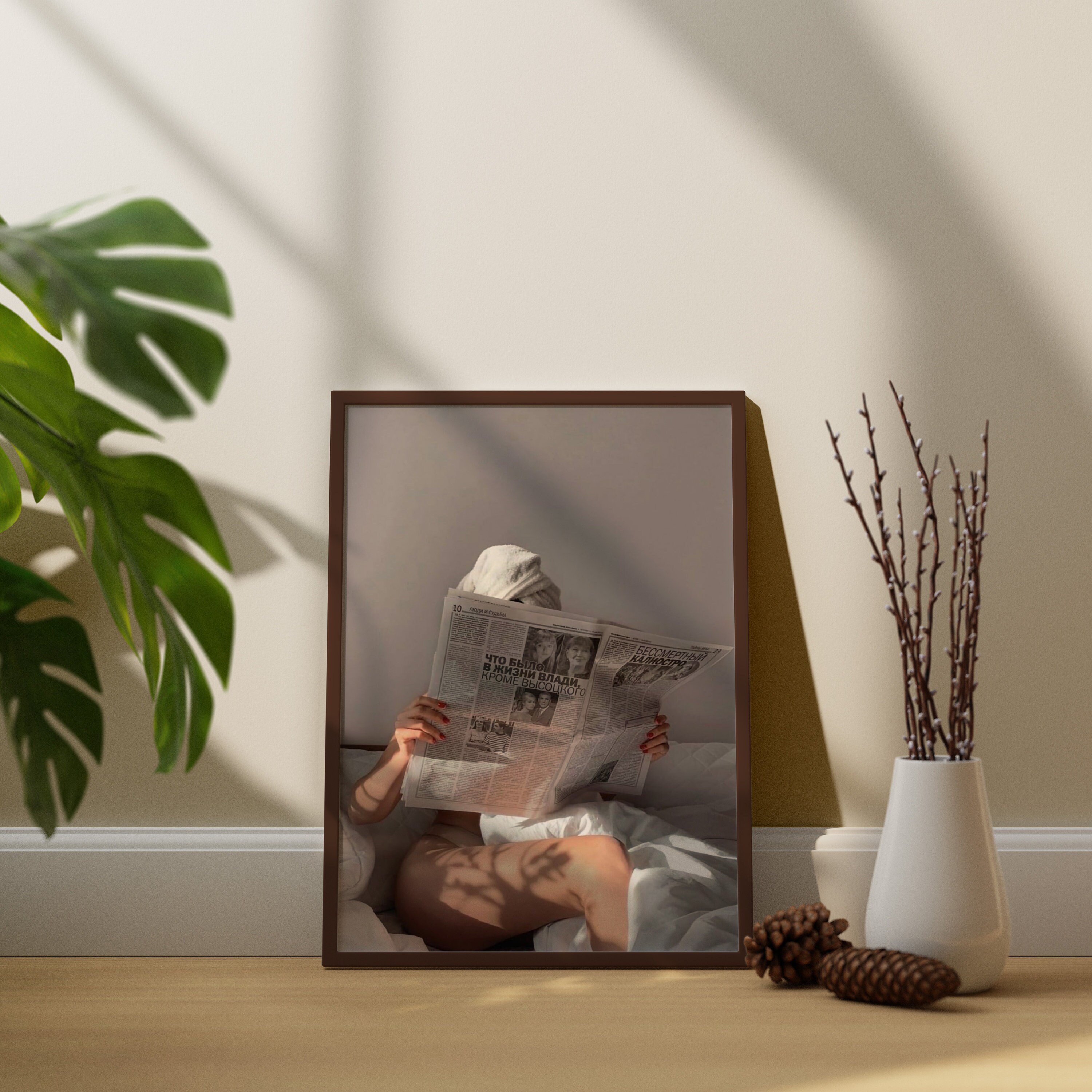 The Daily Fashion Poster, Woman Reading Newspaper in Bed Print, Vintage ...