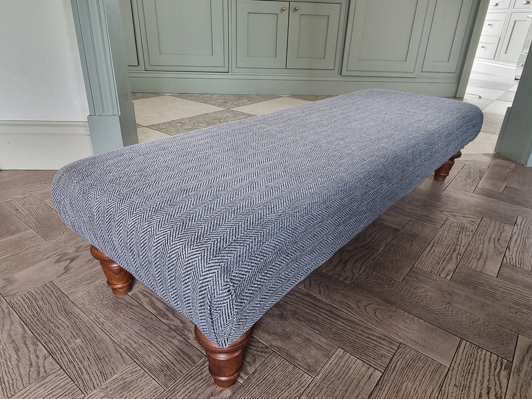 Long Handcrafted Footstool With Blue Herringbone Fabric and Turned ...