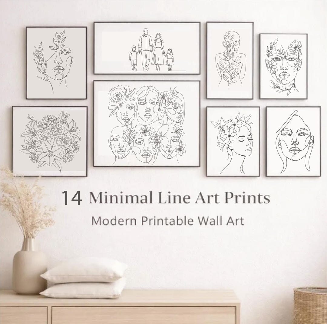 Minimalist Line Art Print Set | Abstract Face & Botanical (instant ...
