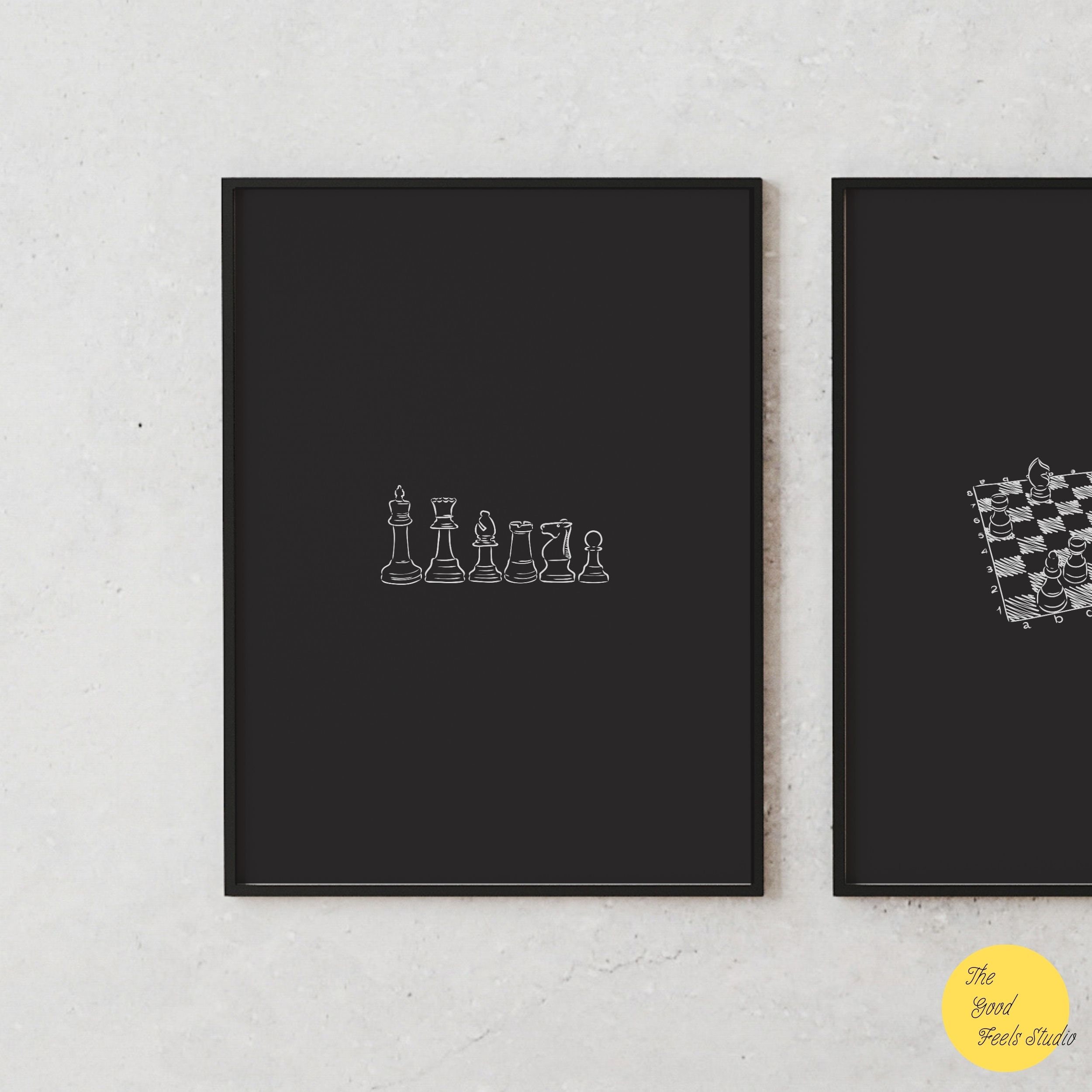 3 Piece Wall Art Chess Printable Line Drawing Artwork Set of 3 Vintage ...