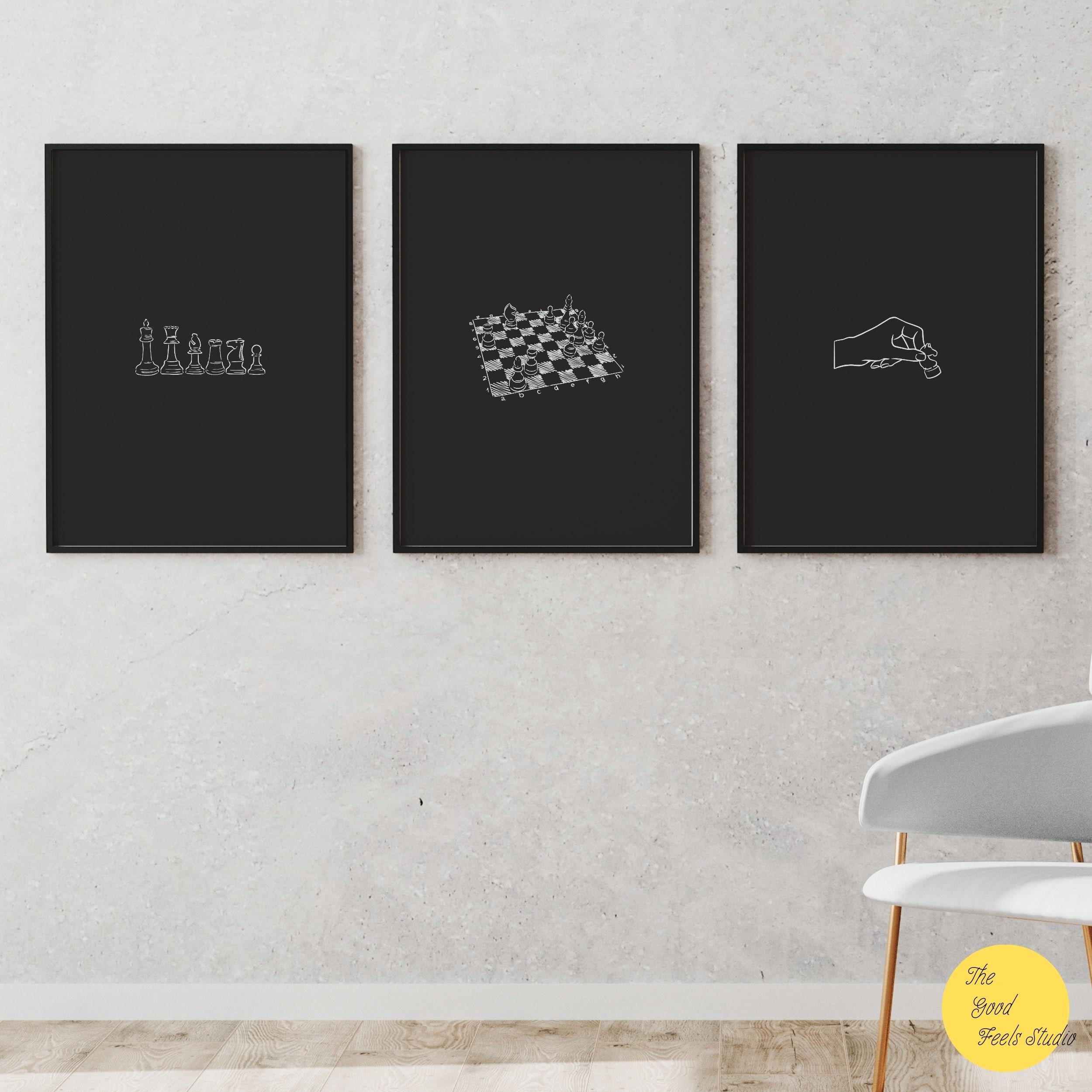 3 Piece Wall Art Chess Printable Line Drawing Artwork Set of 3 Vintage ...
