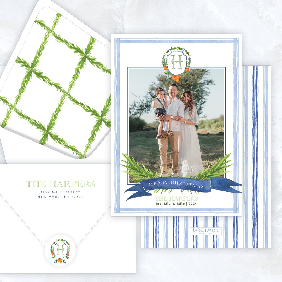 Preppy Christmas Cards Watercolor Garland Custom Printed Holiday Cards ...