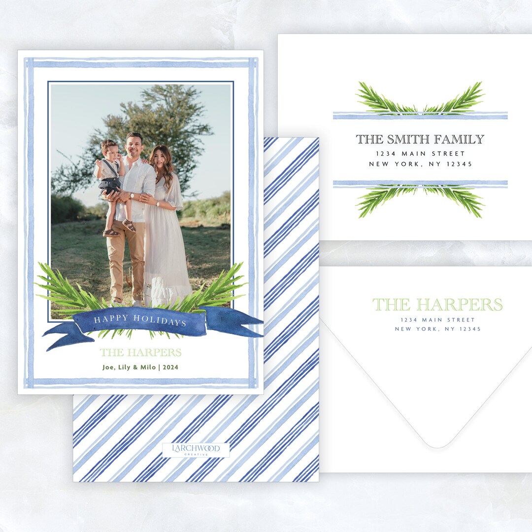 Preppy Christmas Cards Watercolor Garland Southern Charm Custom Printed ...