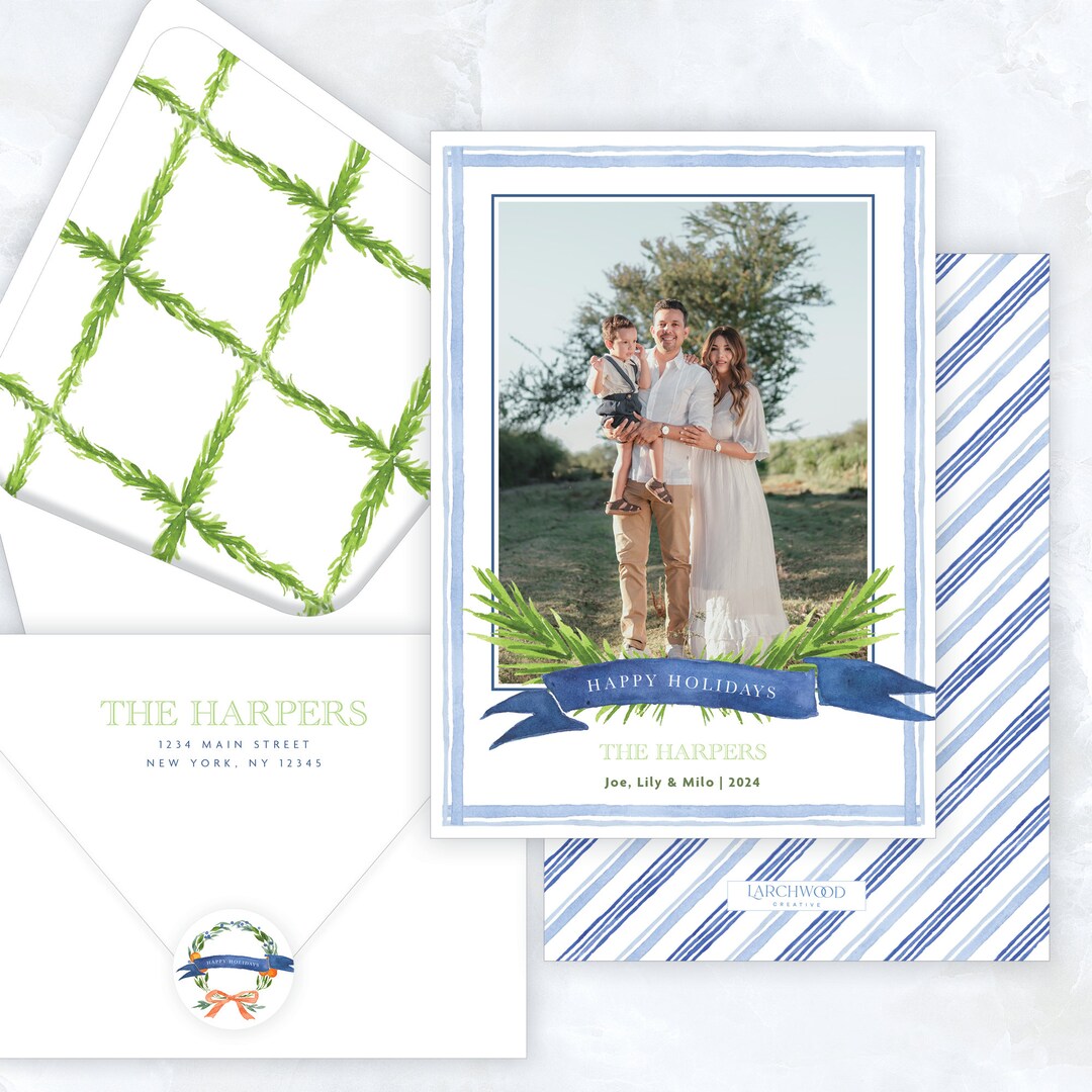 Preppy Christmas Cards Watercolor Garland Southern Charm Custom Printed ...