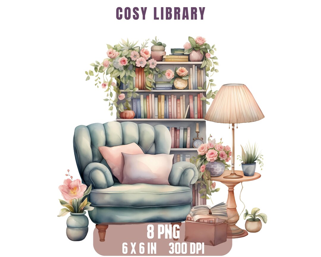 Cottage Library PNG Bookworm Watercolor Clipart Cottagecore Library ...