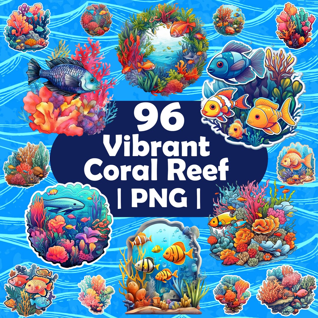 Coral Reef With Tropical Fish Clipart, Watercolor Coral Reef PNG Bundle ...