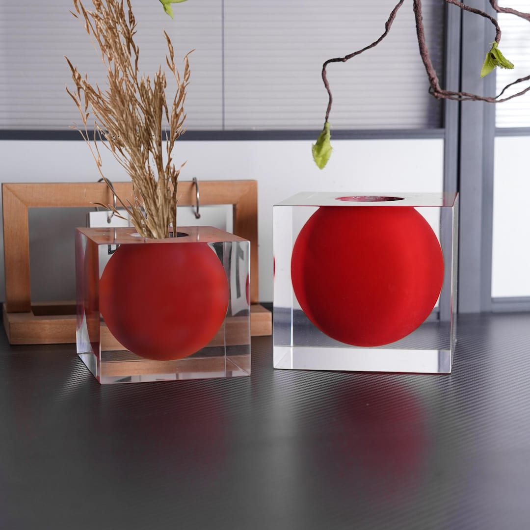 Sleek Modern Red Vase | "morandi" Ruby Red | Sphere in Clear Acrylic ...