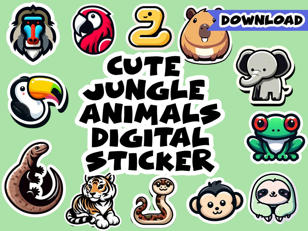 40 Pcs Cute Jungle Animals Digital Stickers, Wildlife, Decals for ...