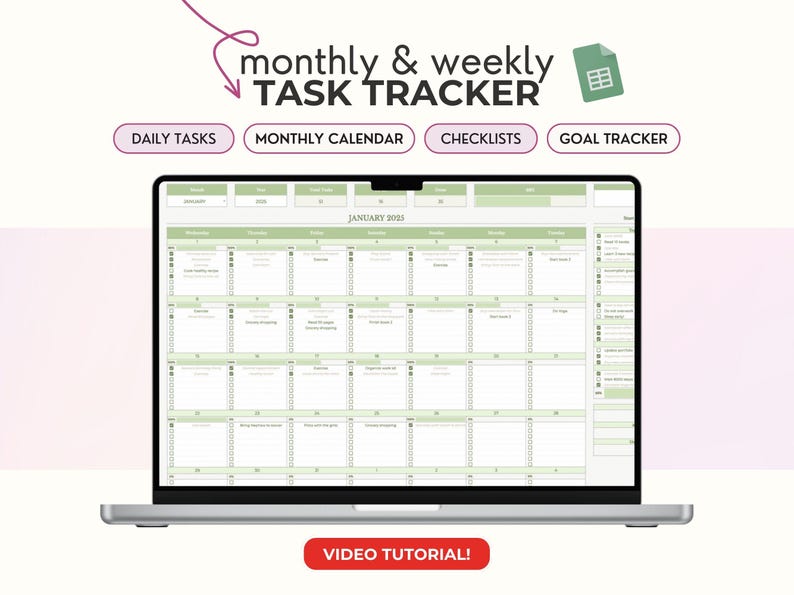 Monthly Task Tracker Spreadsheet Daily Task Planner Weekly To-do List ...