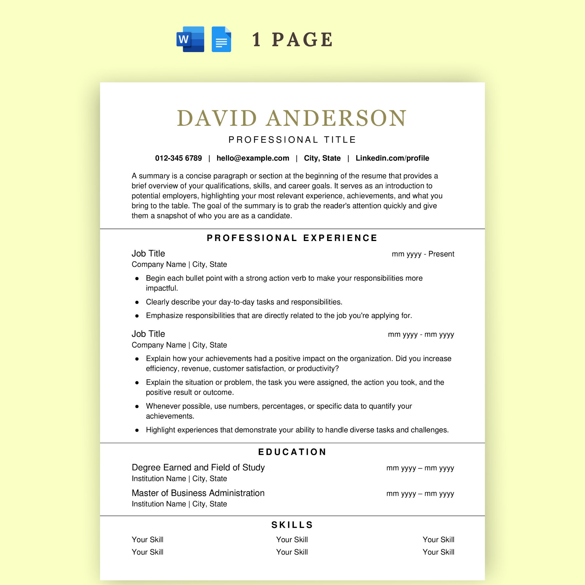 Ats Friendly Resume Template for Word | Professional Resume | Google ...