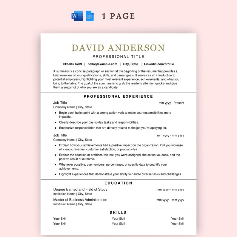 Professional Resume Template | CV Template for Word & Google Docs - Etsy