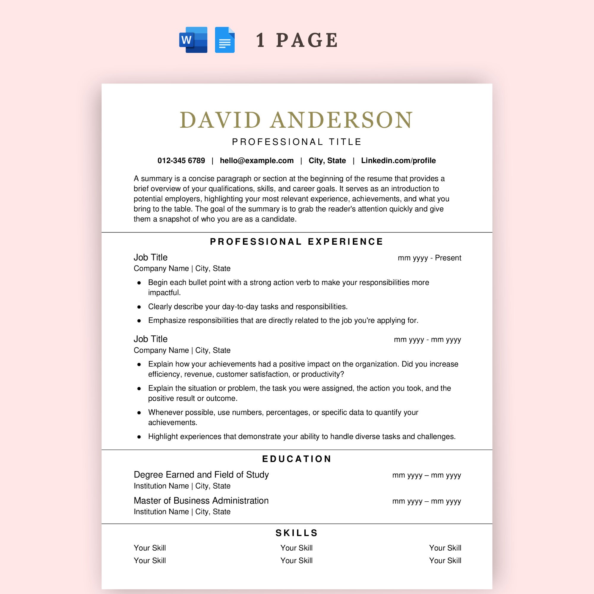 Ats Resume Cv Template Word Cv Template Professional Resume Template Cv Template Google Docs 2 ...