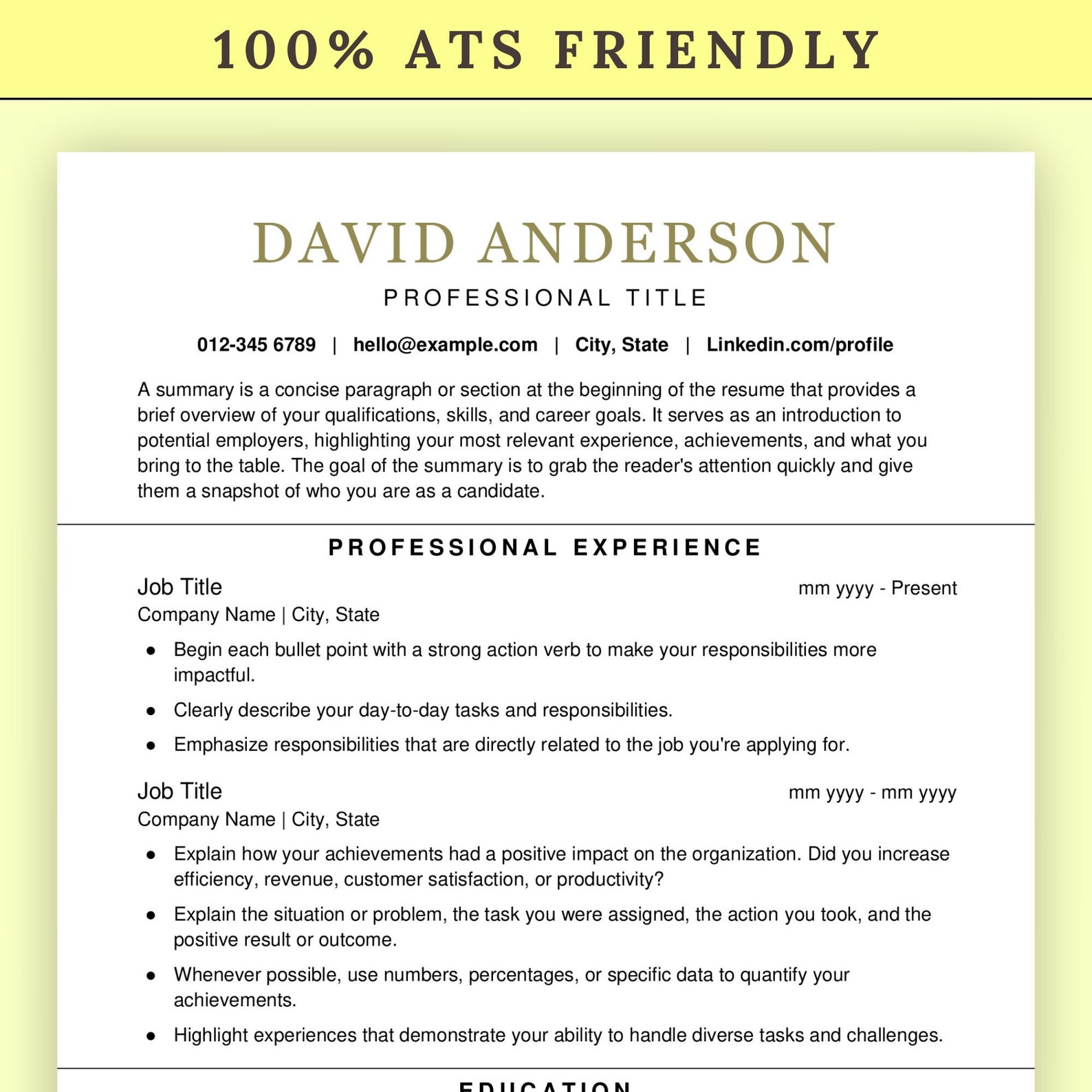Ats Friendly Resume Template for Word | Professional Resume | Google ...