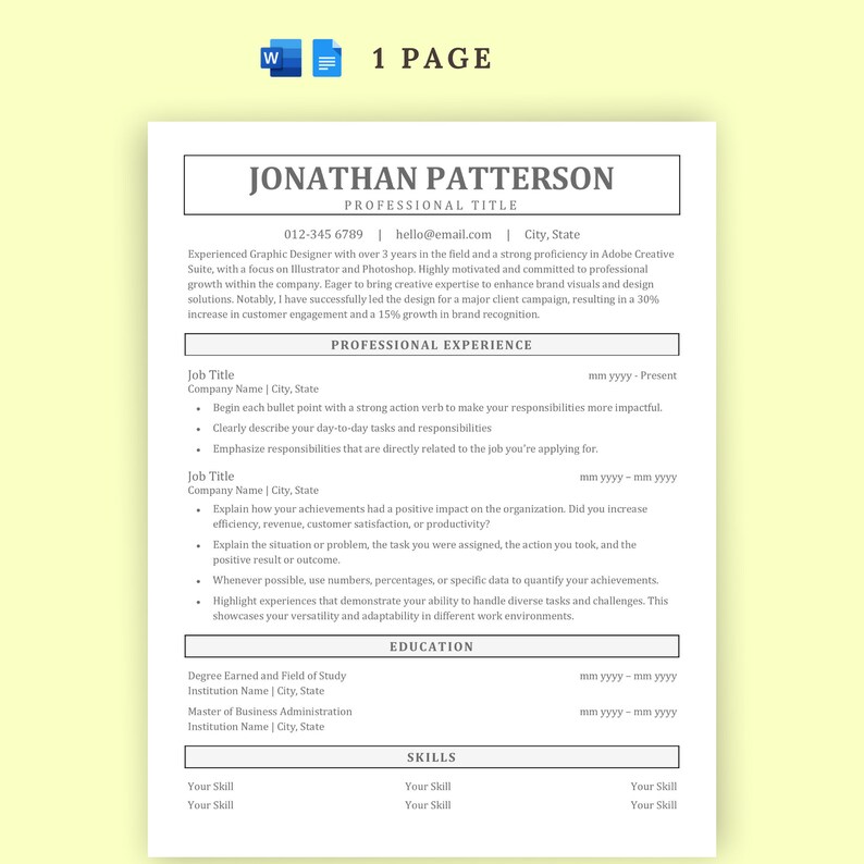 Ats Friendly Resume Template for Word Professional Resume Google Docs ...