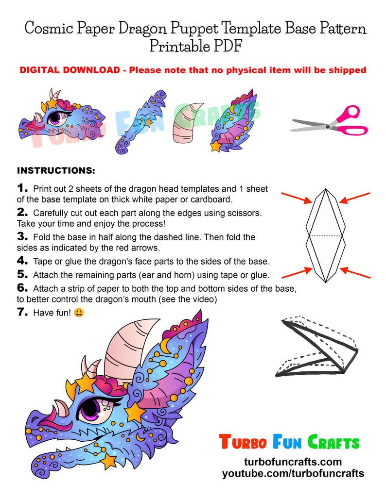 Cosmic Paper Dragon Puppet Template - Printable PDF - Galaxy Dragon - Etsy