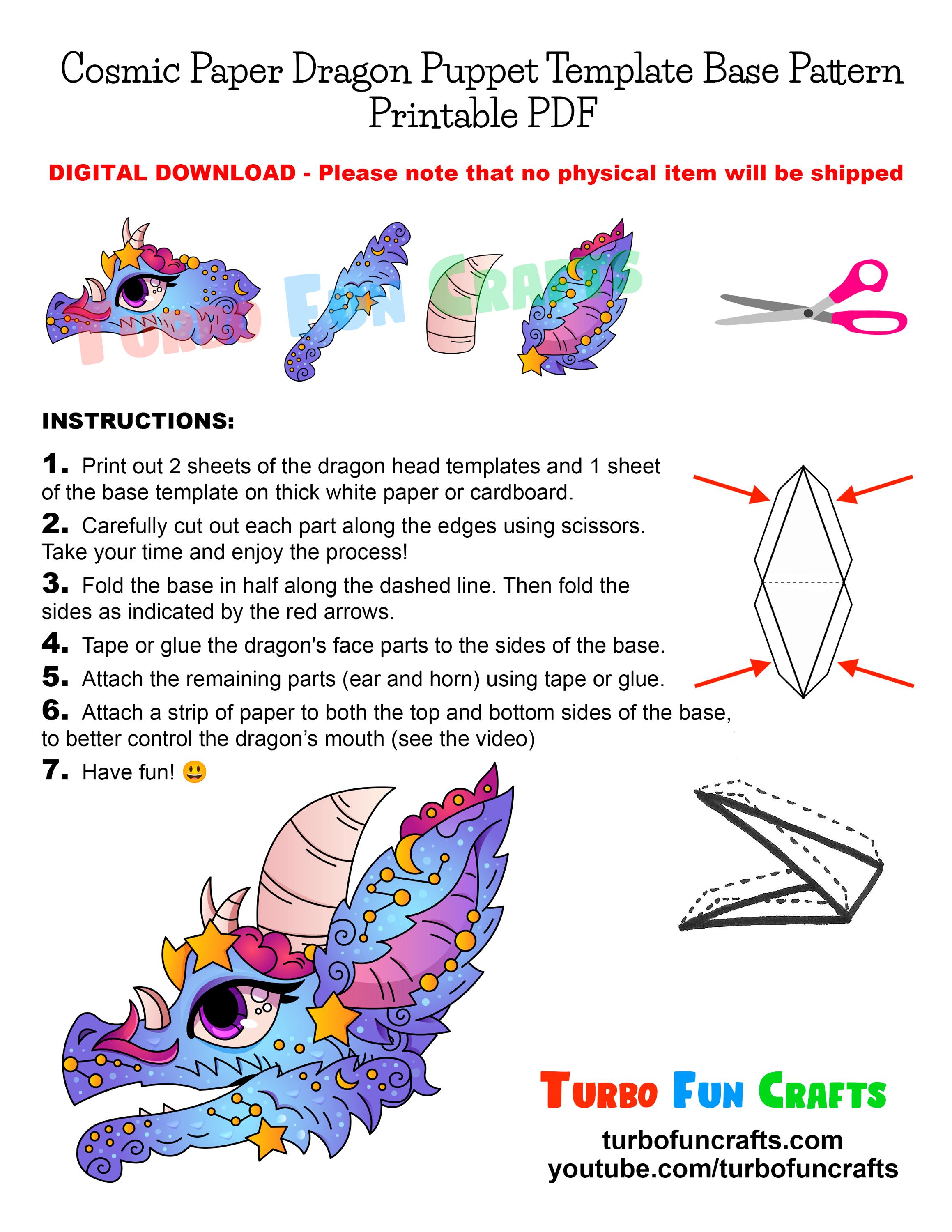 Cosmic Paper Dragon Puppet Template - Printable PDF - Galaxy Dragon - Etsy