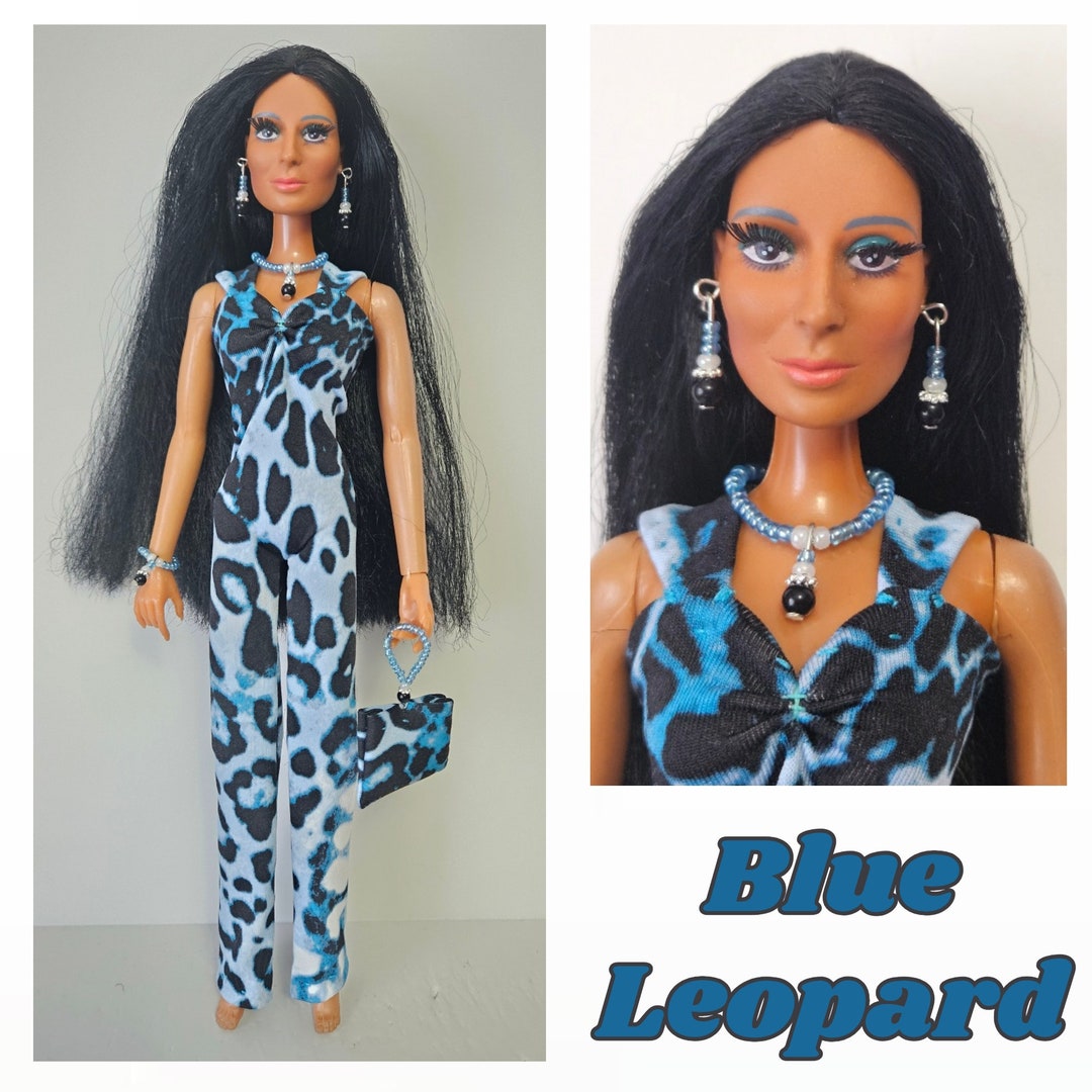 HM Fashion Fits 12in Vintage CHER & FARRAH Dolls Blue Leopard Jumpsuit ...