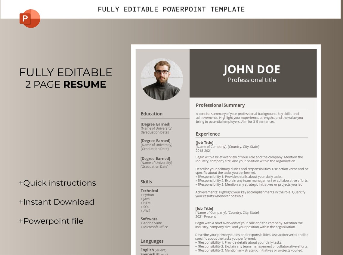 Executive Resume CV Template for Powerpoint - Etsy