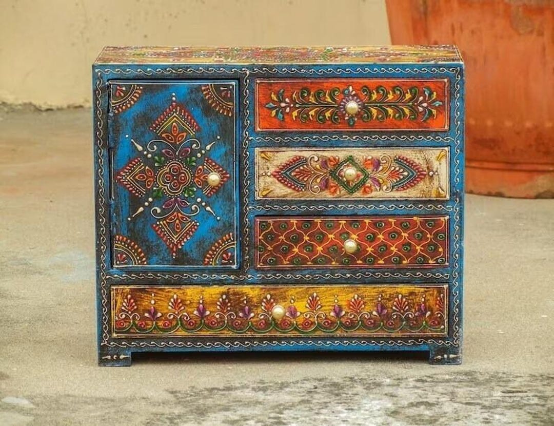 Hand-painted Indian Wooden Jewellery Box, Boho Chic Mini Chest of ...