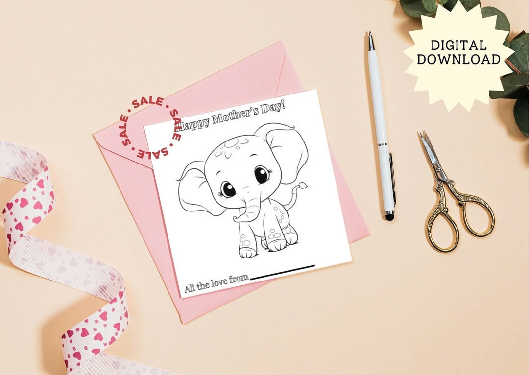 DIY Mother's Day Card Printable, Cute Elephant Mother's Day Digital ...