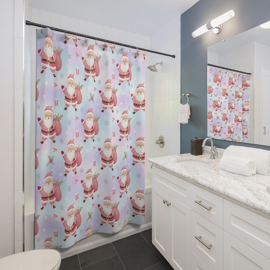 Cute Pink Santa Pattern Shower Curtain | Christmas Holiday Bathroom ...
