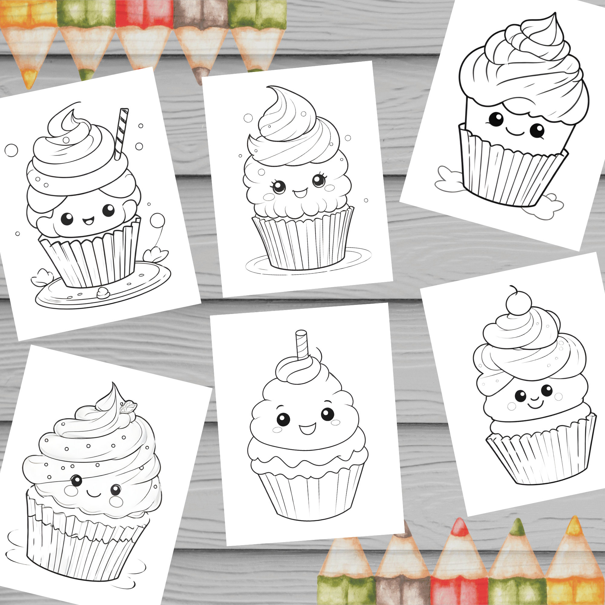 Kawaii Cupcakes Coloring Pages, Game Printable for Kids, Printable ...