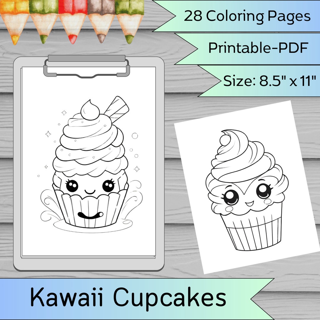 Kawaii Cupcakes Coloring Pages, Game Printable for Kids, Printable ...
