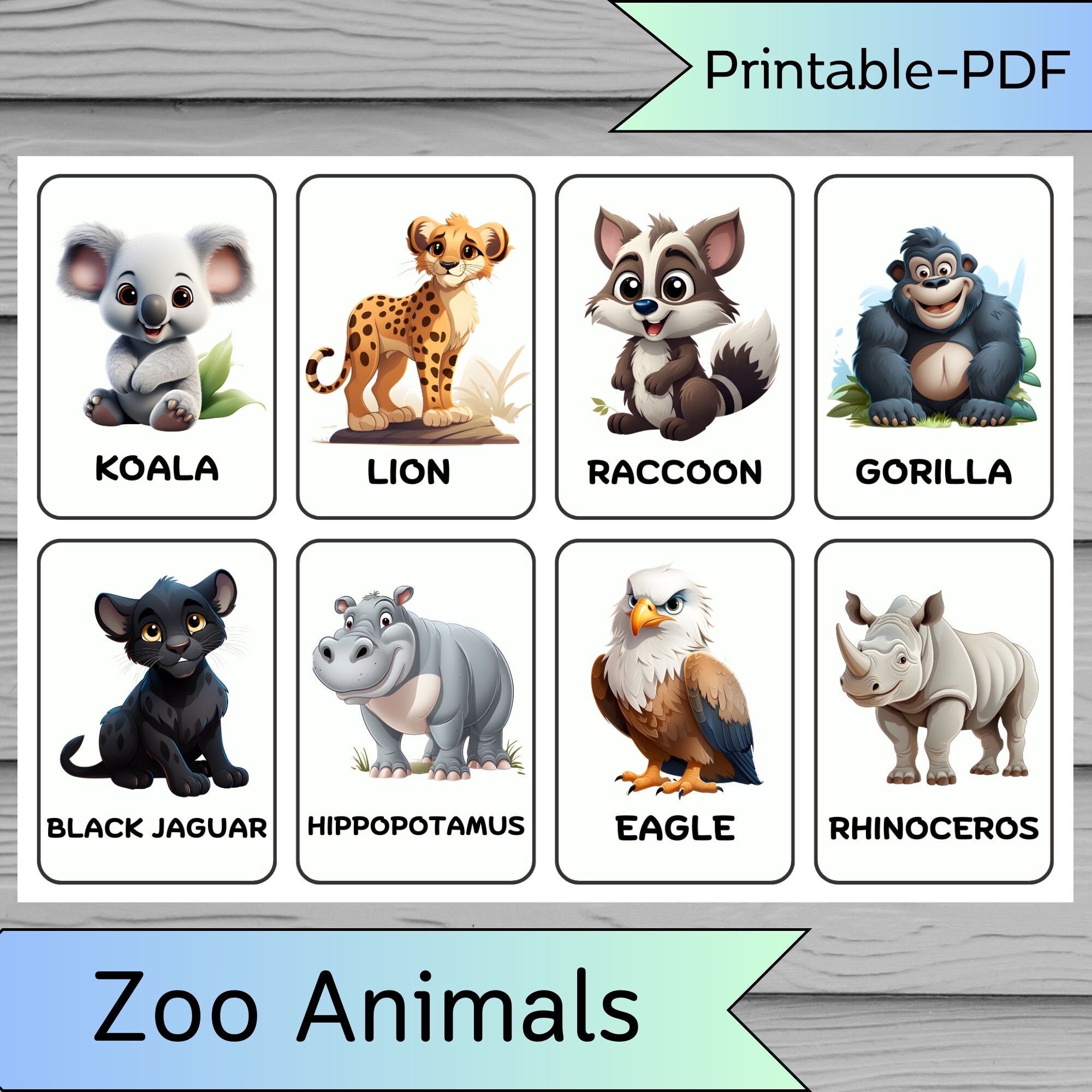 16 Zoo Animals Cards, Flashcards for Kids, Printable Flash Cards ...