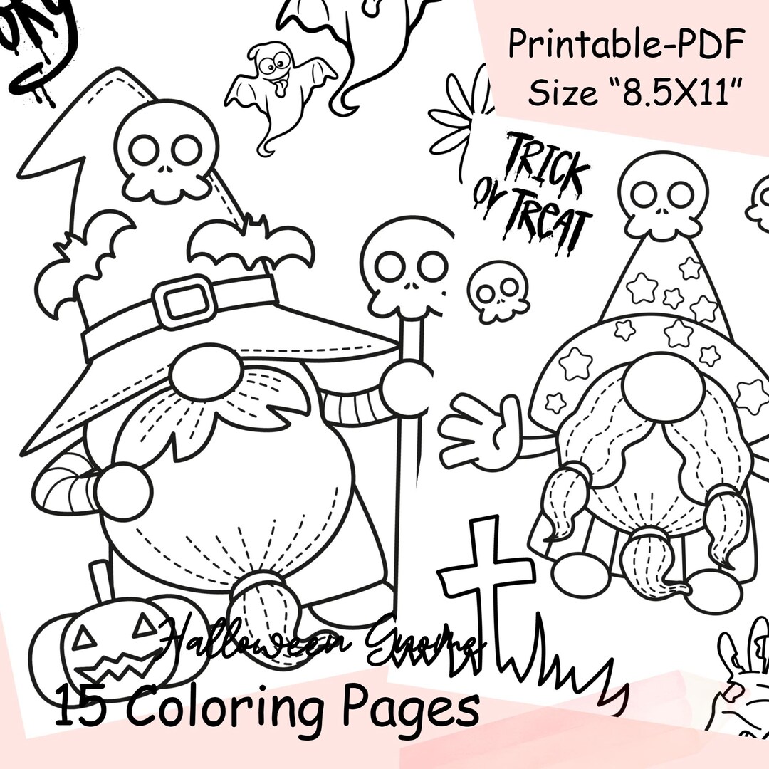 Gnome Coloring Pages, Kawaii Halloween Coloring Book for Kids, Coloring ...
