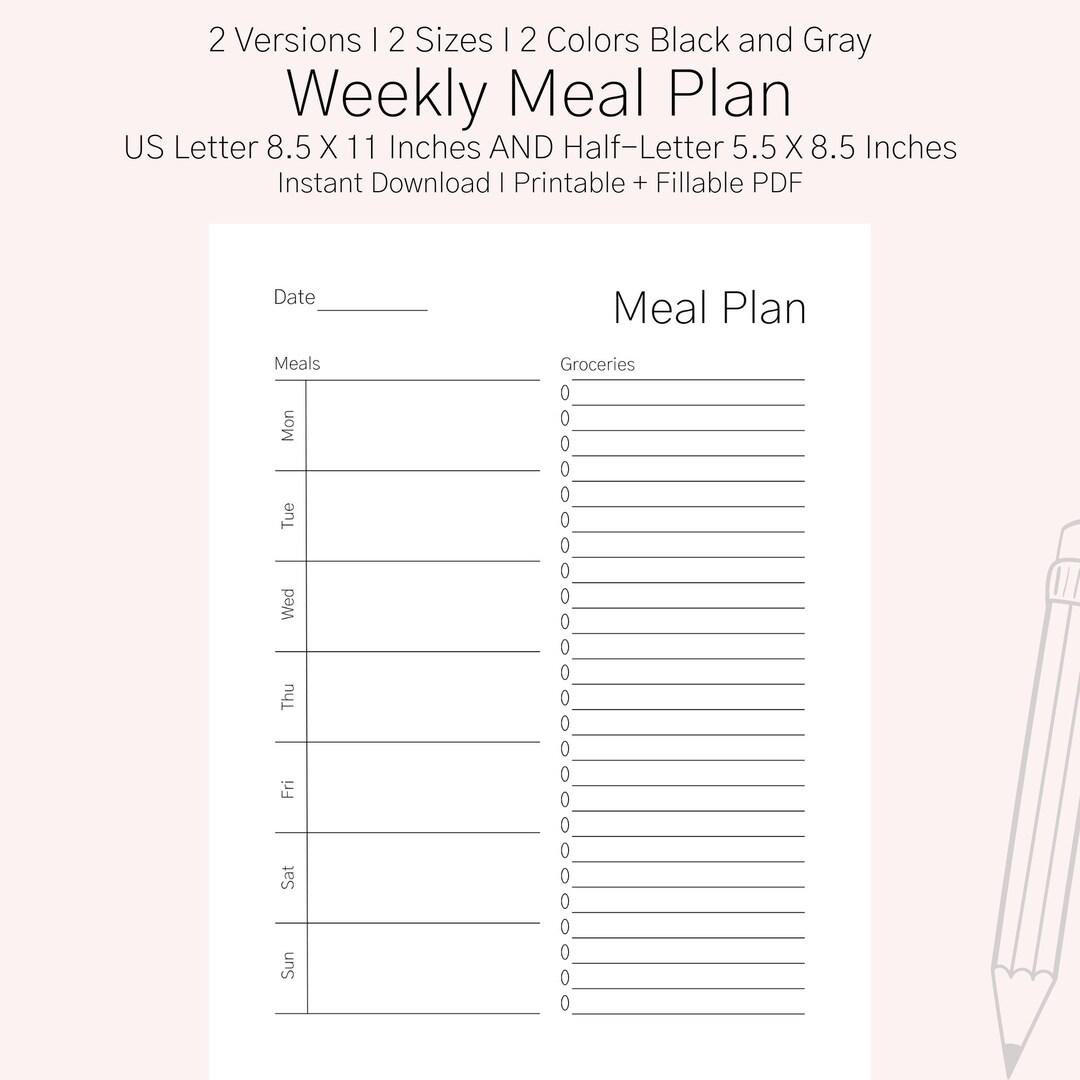 Meal Plan Printable, Weekly Meal Planner With Grocery List Printable ...