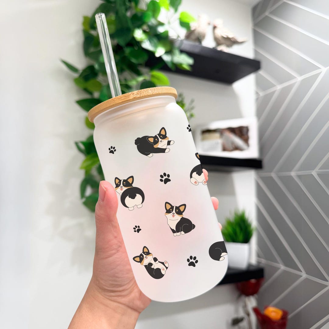 Black Red Corgi Glass Cup Full Wrap Corgi Pet Frosted Beer Can Gift ...