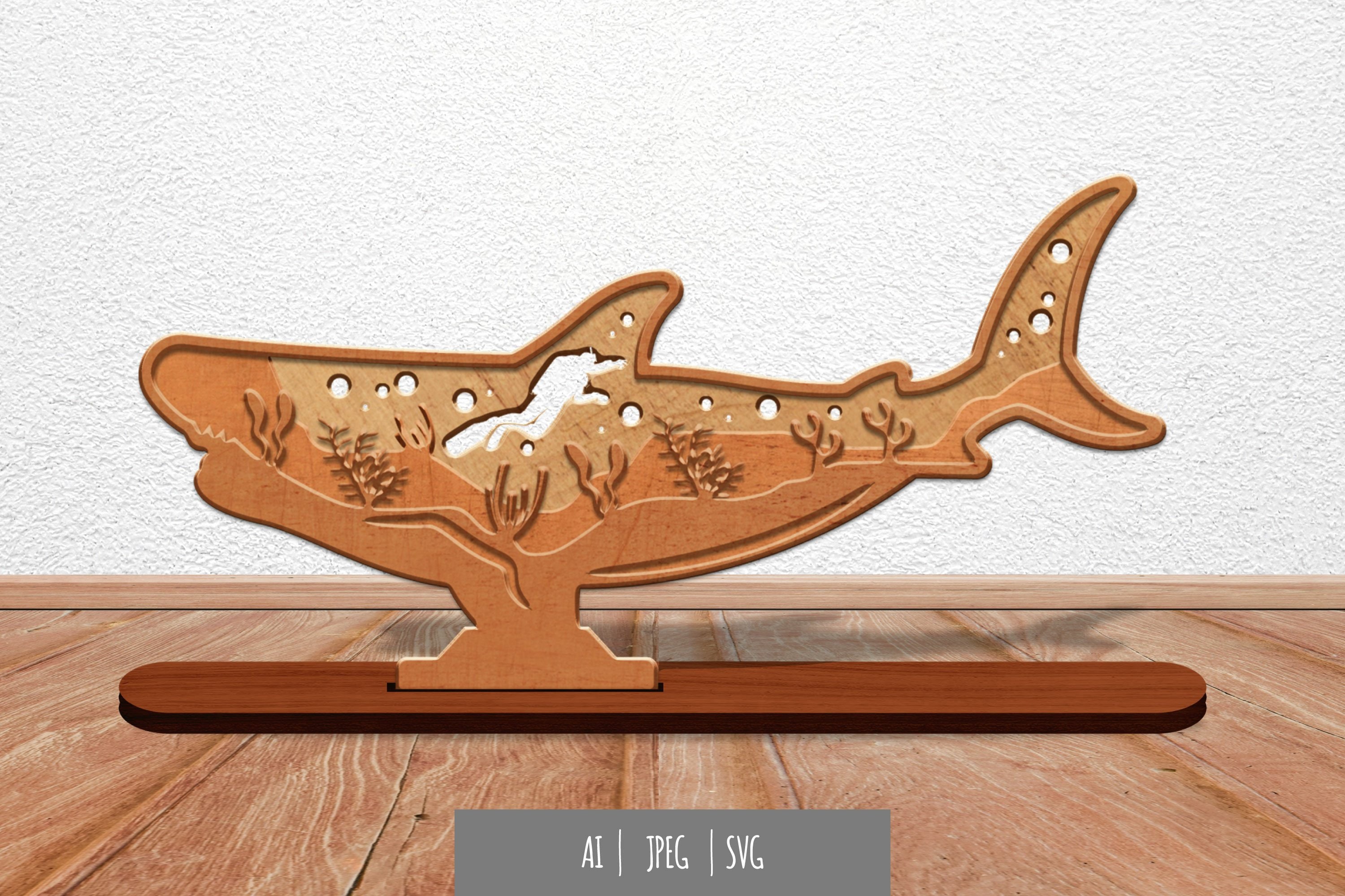 Shark Diver Coral Reef 3D Layered With Stand Base Laser Cut Template ...